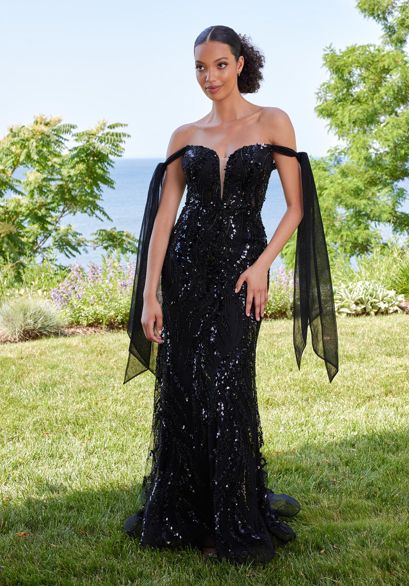 Beaded Net Prom Dress with Off The Shoulder Tie Straps – LUPITA'S ...
